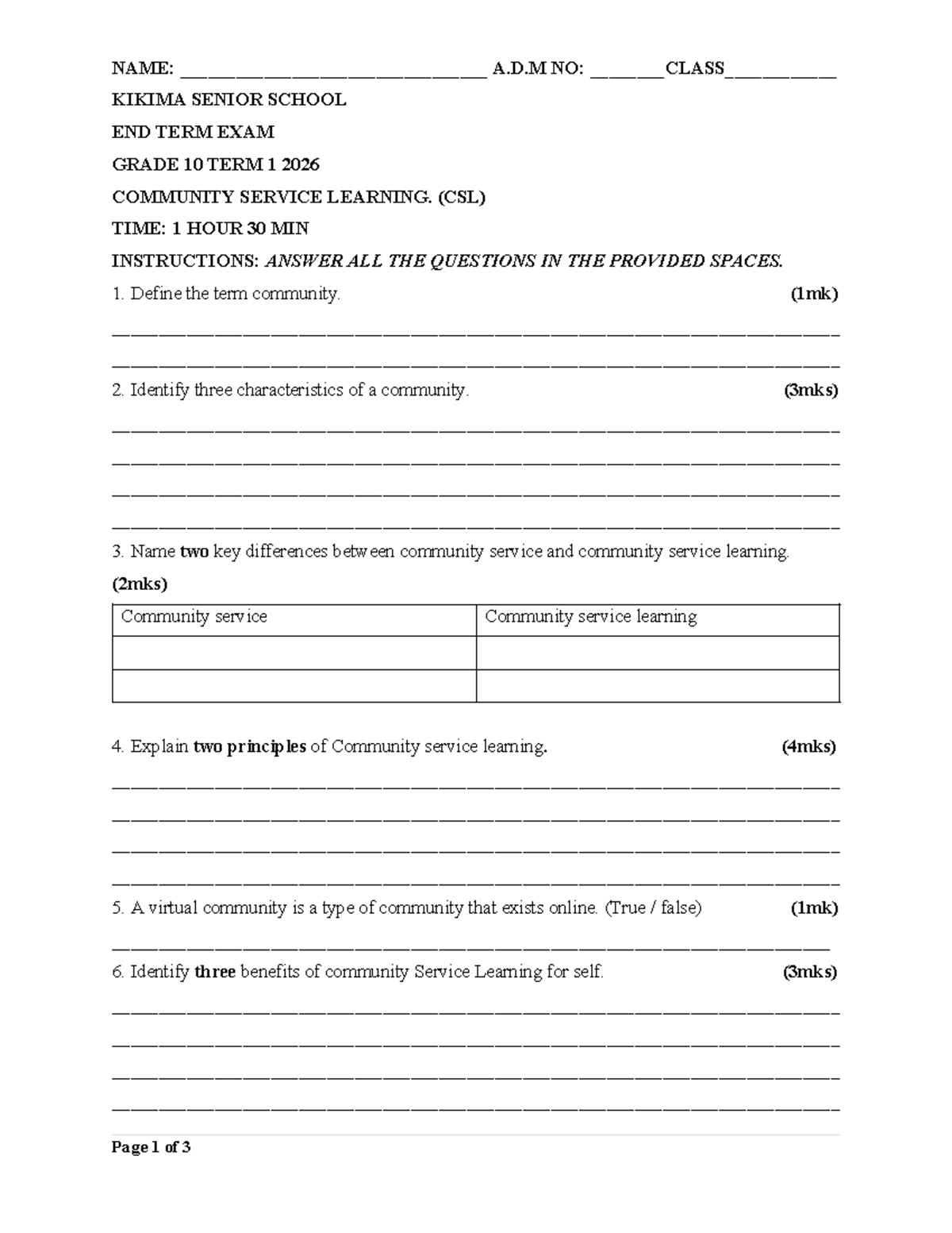 CSL 10 End Term Exam: Community Service Learning Assessment 2026 - Studocu