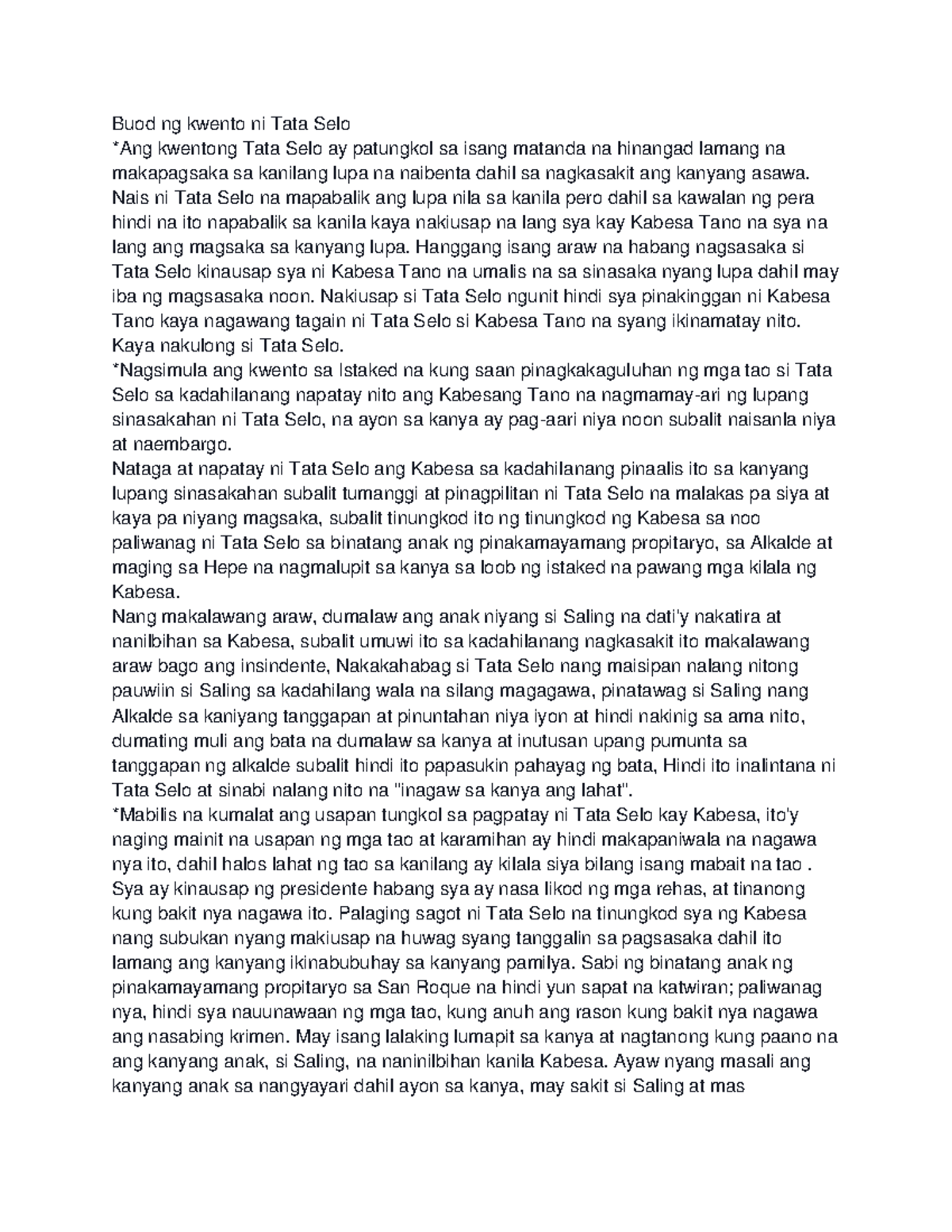 Kuwento ni Tata Selo: Isang Pagsusuri ng Sakripisyo at Hustisya - Studocu