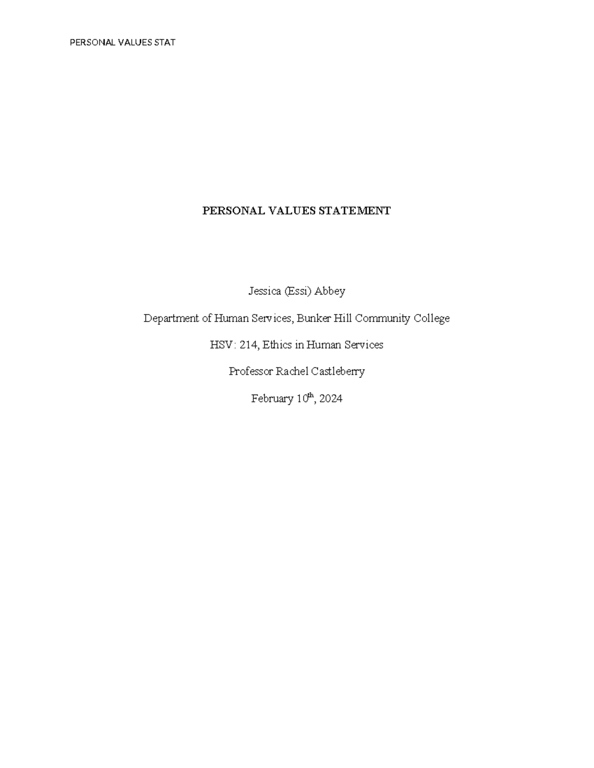 HSV 214: Personal Values Statement Essay by Jessica Abbey - Studocu