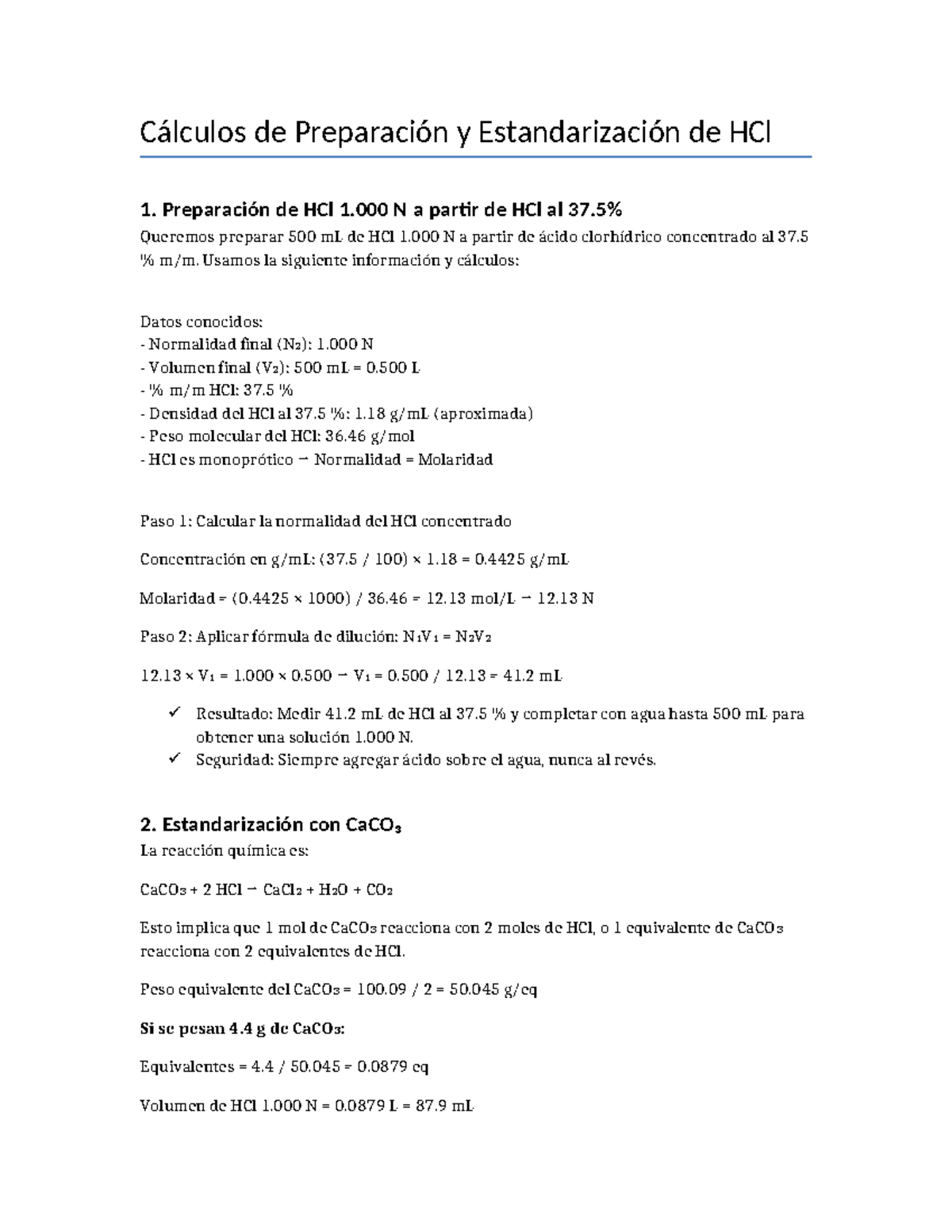 Cálculos de Preparación y Estandarización de HCl y CaCO₃ - Studocu