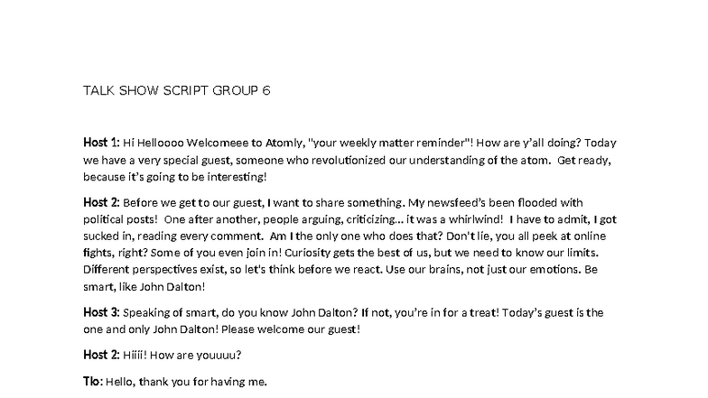 TALK SHOW SCRIPT: ATOMIC MODEL WITH JOHN DALTON - Studocu