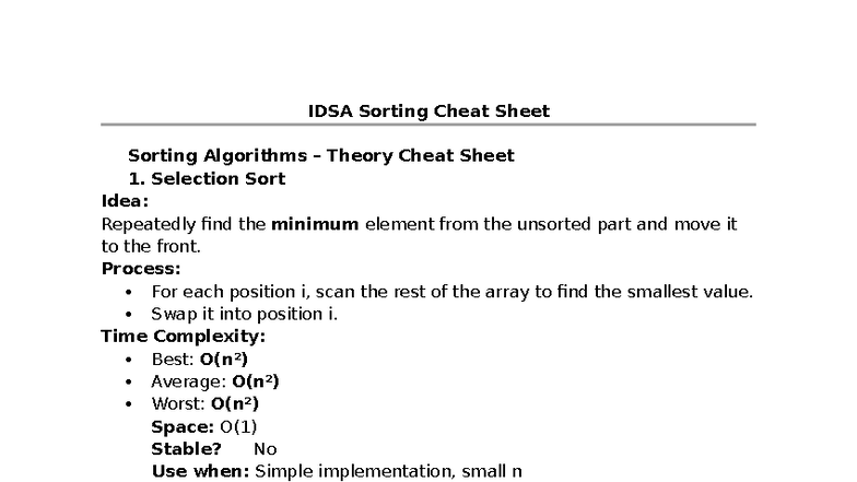 IDSA Sorting Cheat Sheet: Overview of Key Algorithms - Studocu