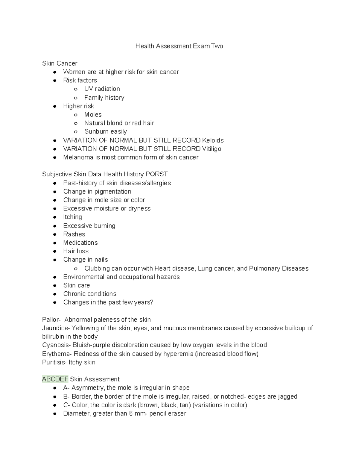 Health Assessment Exam II: Skin Cancer Risks and Assessment - Studocu