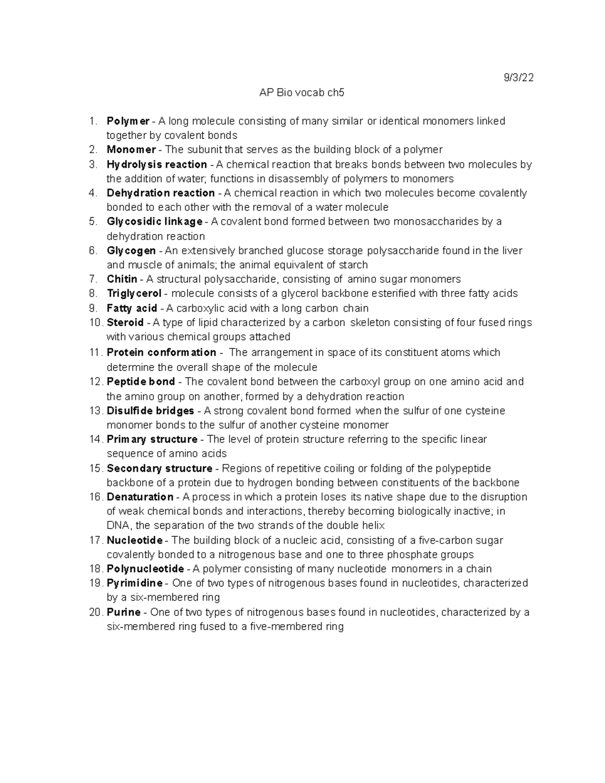 AP Bio Vocab: Chapter 5 - Key Terms and Definitions - Studocu