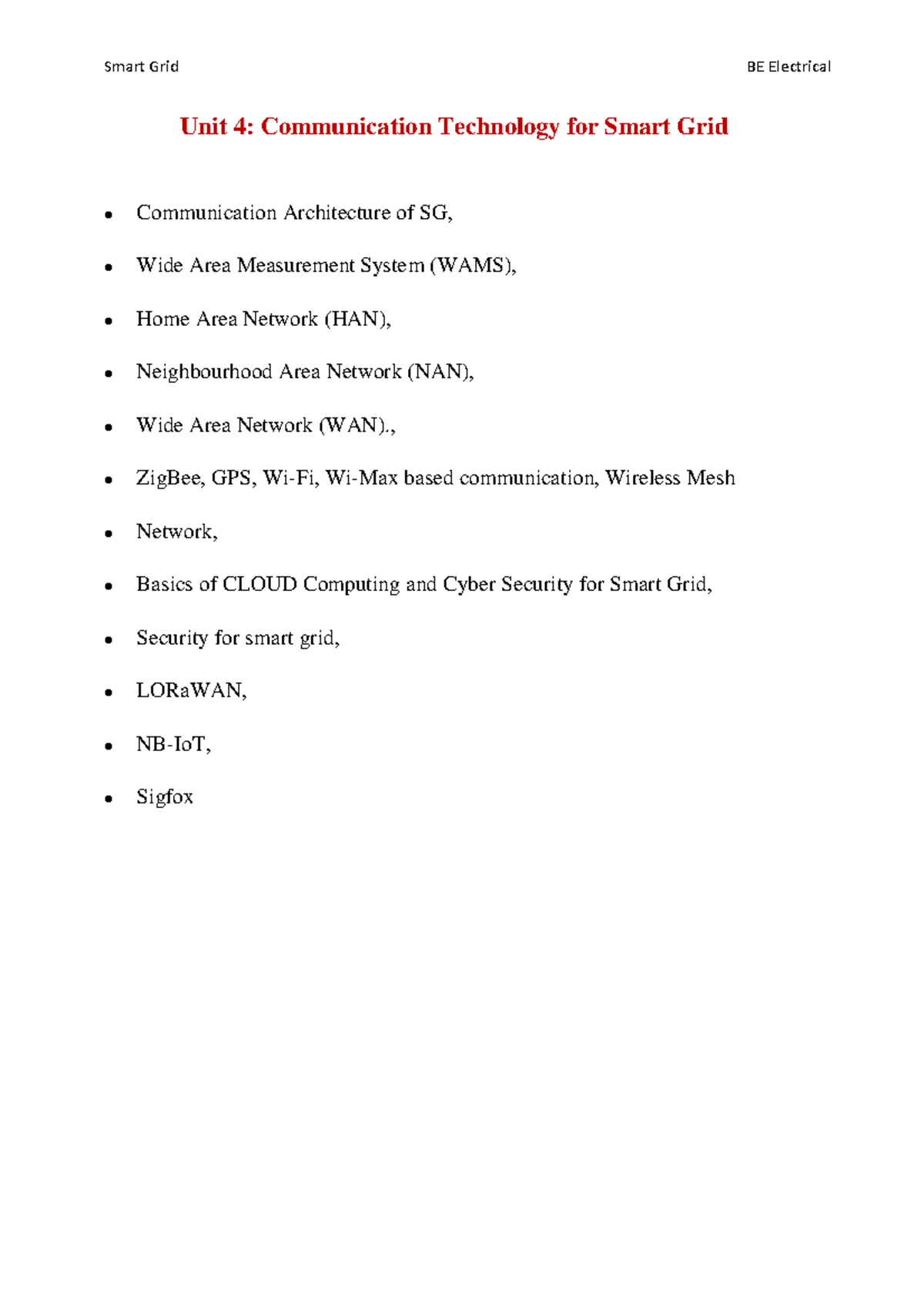 SG Unit 4 Notes: Communication Technologies for Smart Grids - Studocu