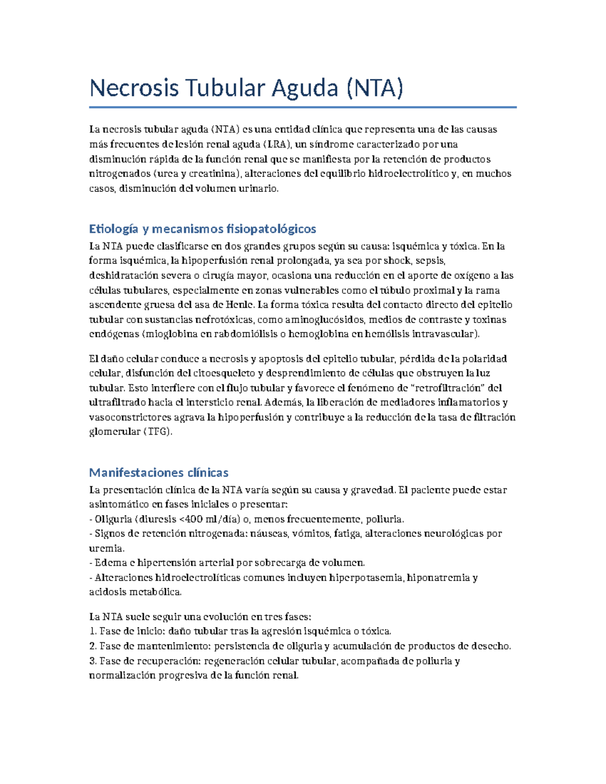 NTA: Comprendiendo la Necrosis Tubular Aguda y sus Fases - Studocu
