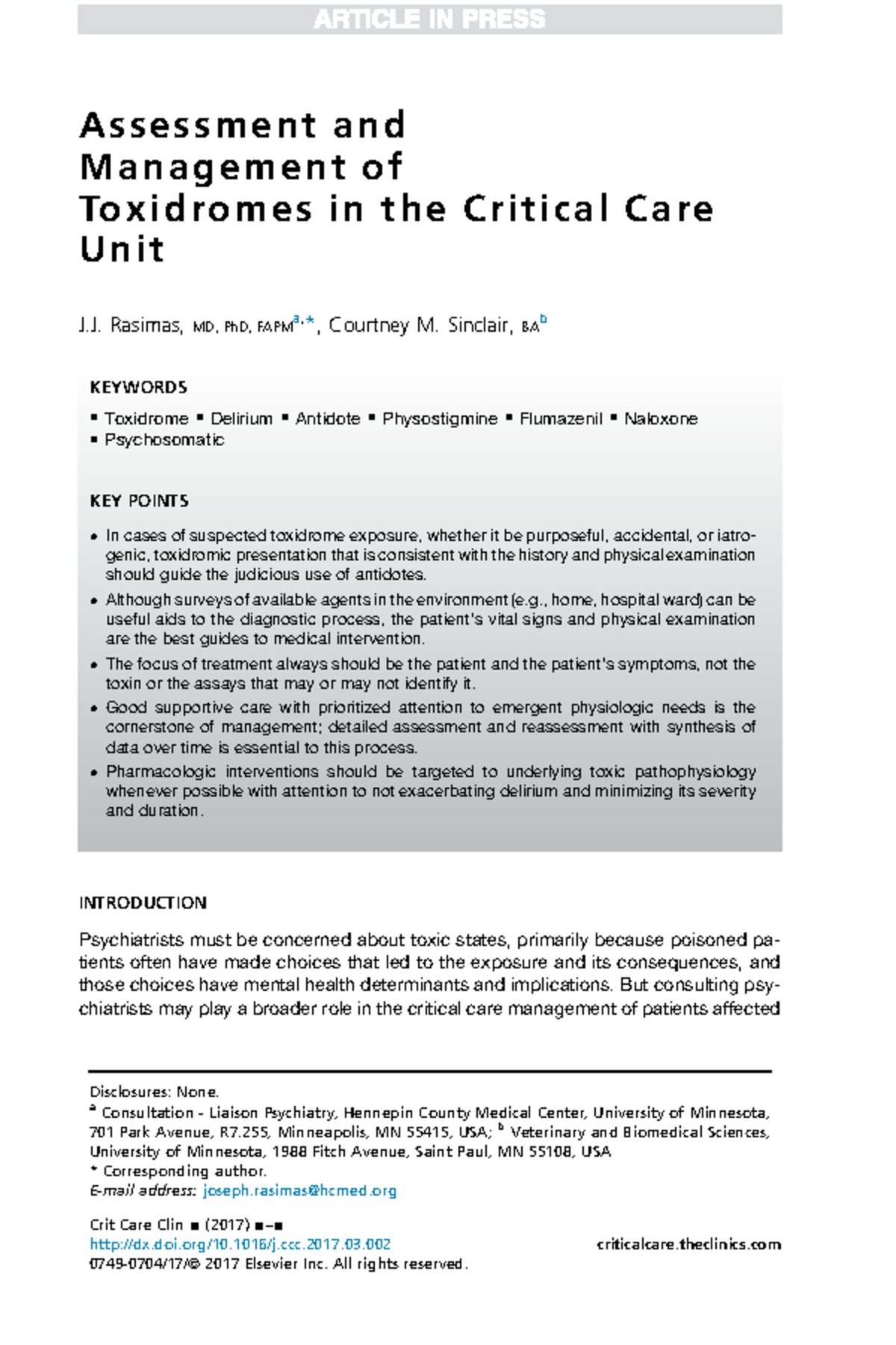 Management of Toxidromes in the Critical Care Unit (CCU) - 2017 ...