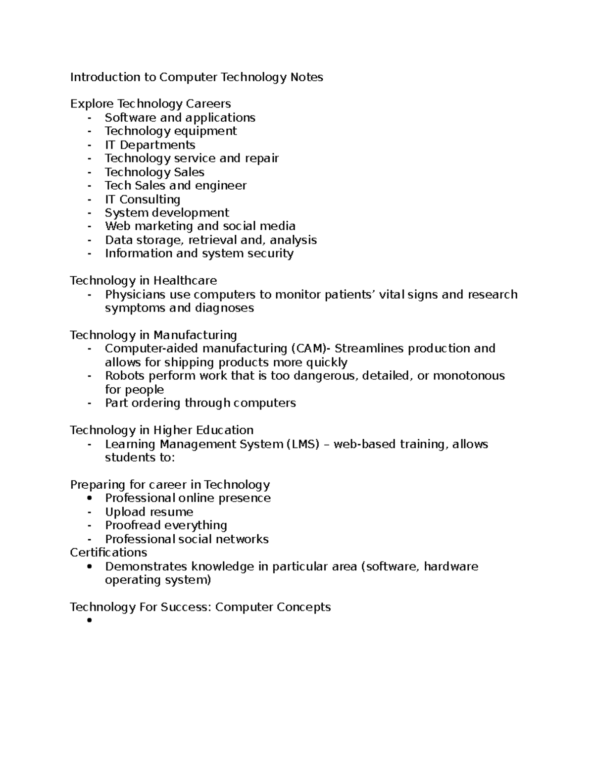 Introduction to Computer Technology Notes - Studocu