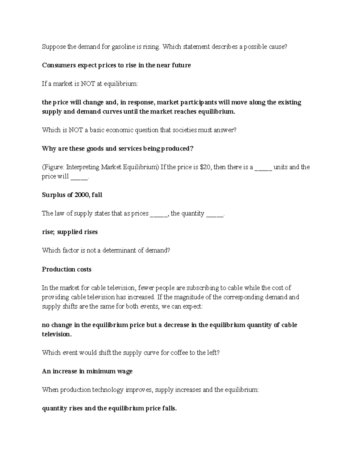 Economics 1050: Study Questions on Market Dynamics and Equilibrium ...