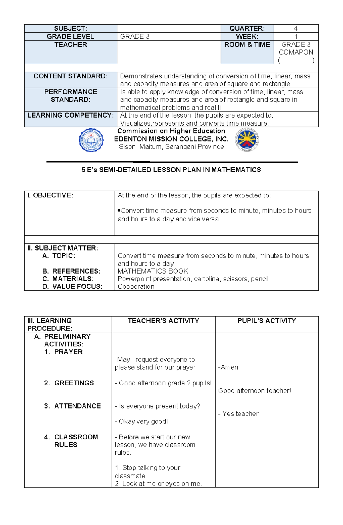 Grade 3 Math Lesson Plan: Time Conversion & Measurement Activities ...