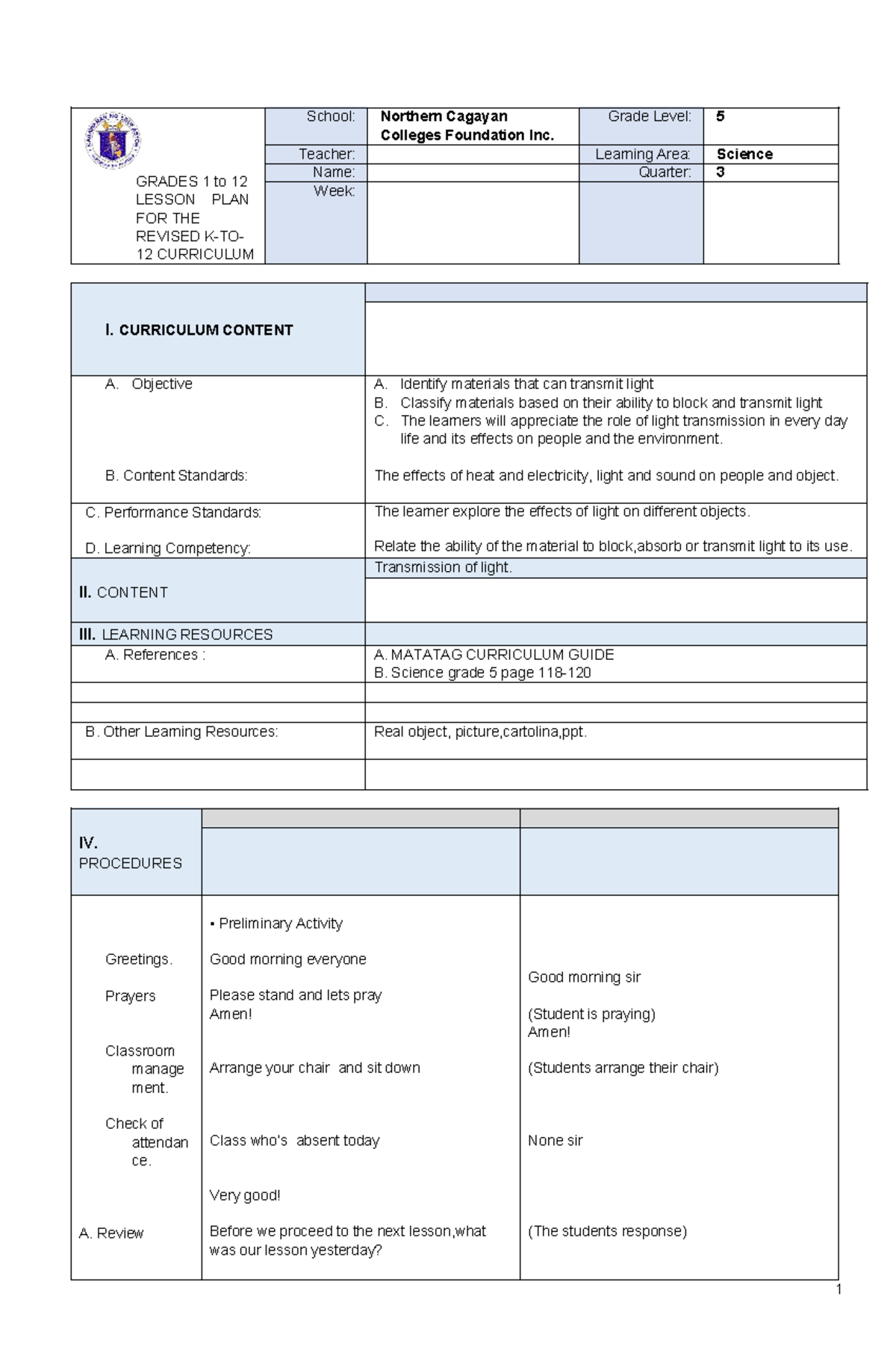 Final Lesson Plan for Grade 5 Science: Light Transmission (LP-ANTH ...