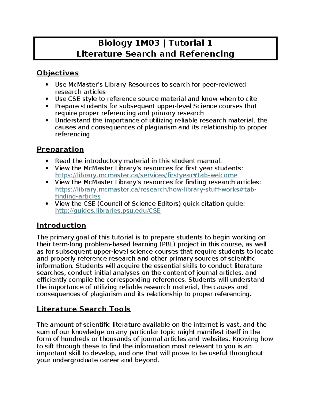 Biology 1M03 Tutorial 1: Mastering Literature Search & CSE Referencing ...