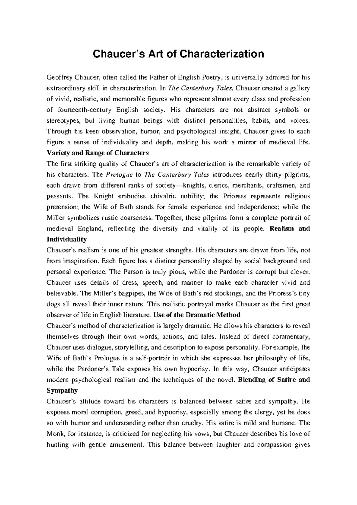 Chaucer's Art of Characterization in The Canterbury Tales - Studocu