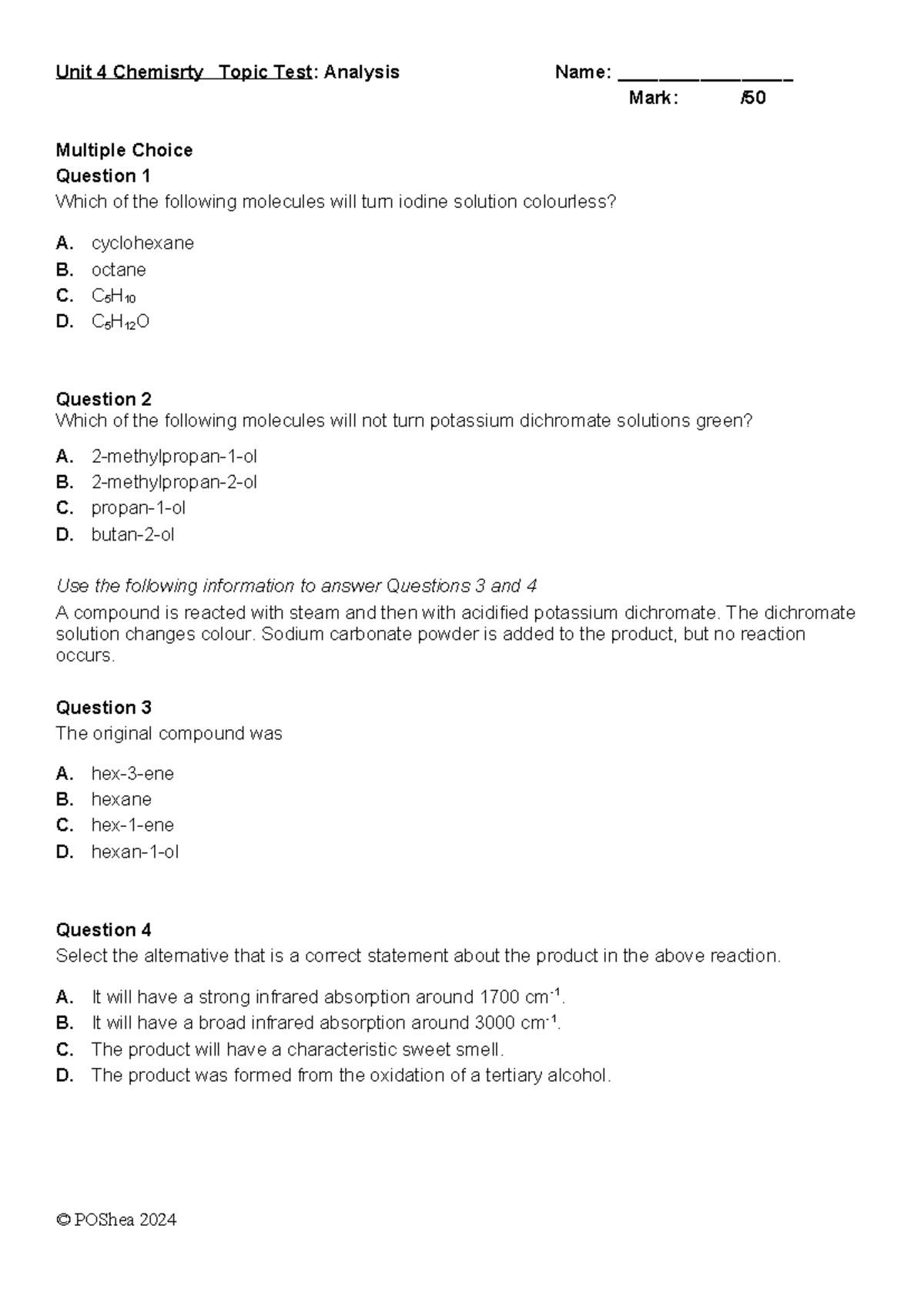 Unit 4 Chemistry Lab Analysis Topic Test - Gluck - Studocu