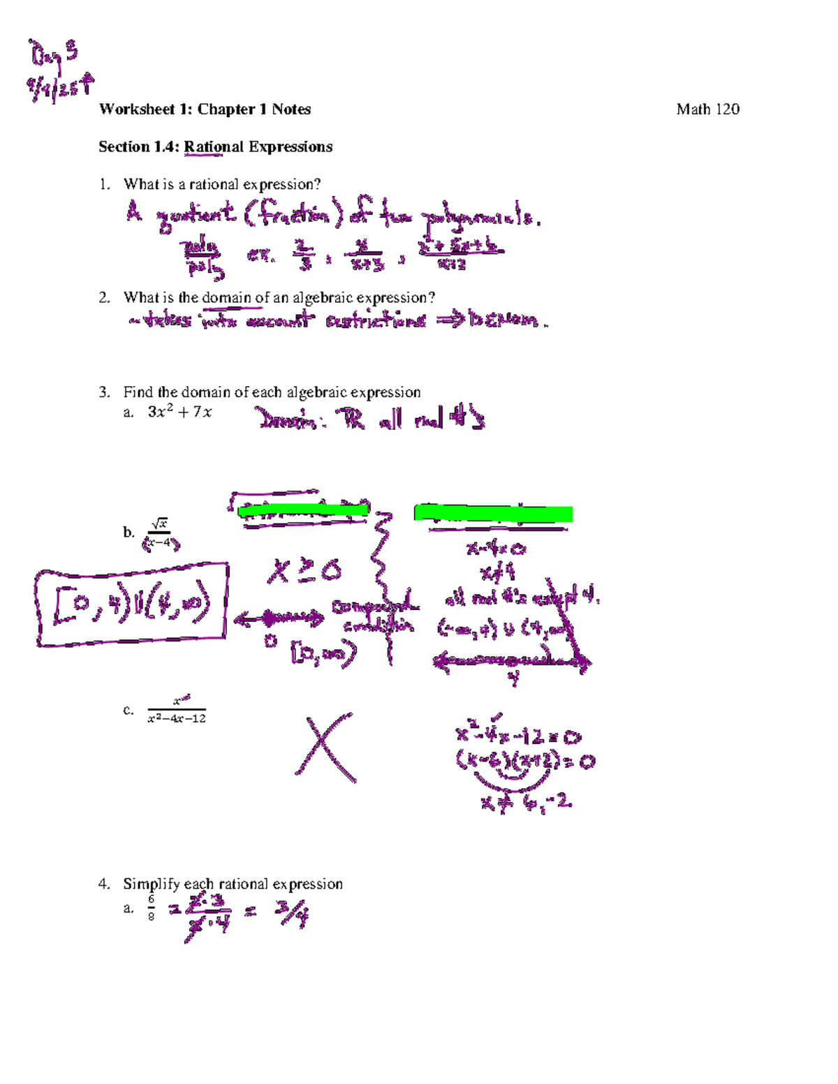Math 120 Worksheet: Rational Expressions, Equations & Inequalities ...