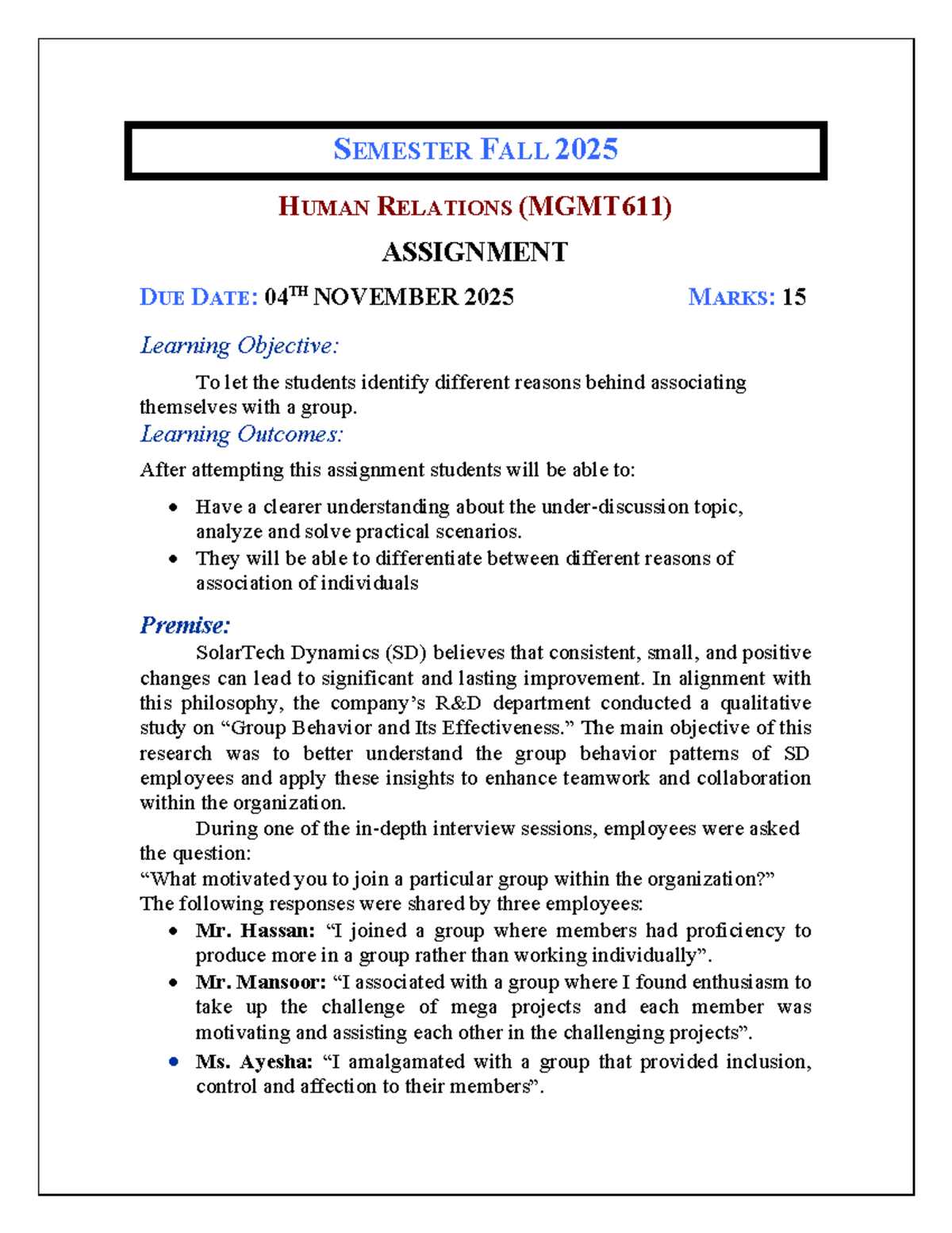 Fall 2025 MGMT611 Human Relations Assignment Insights - Studocu