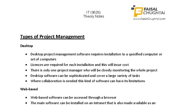 IT (9626) Theory Notes: Types of Project Management Software - Studocu