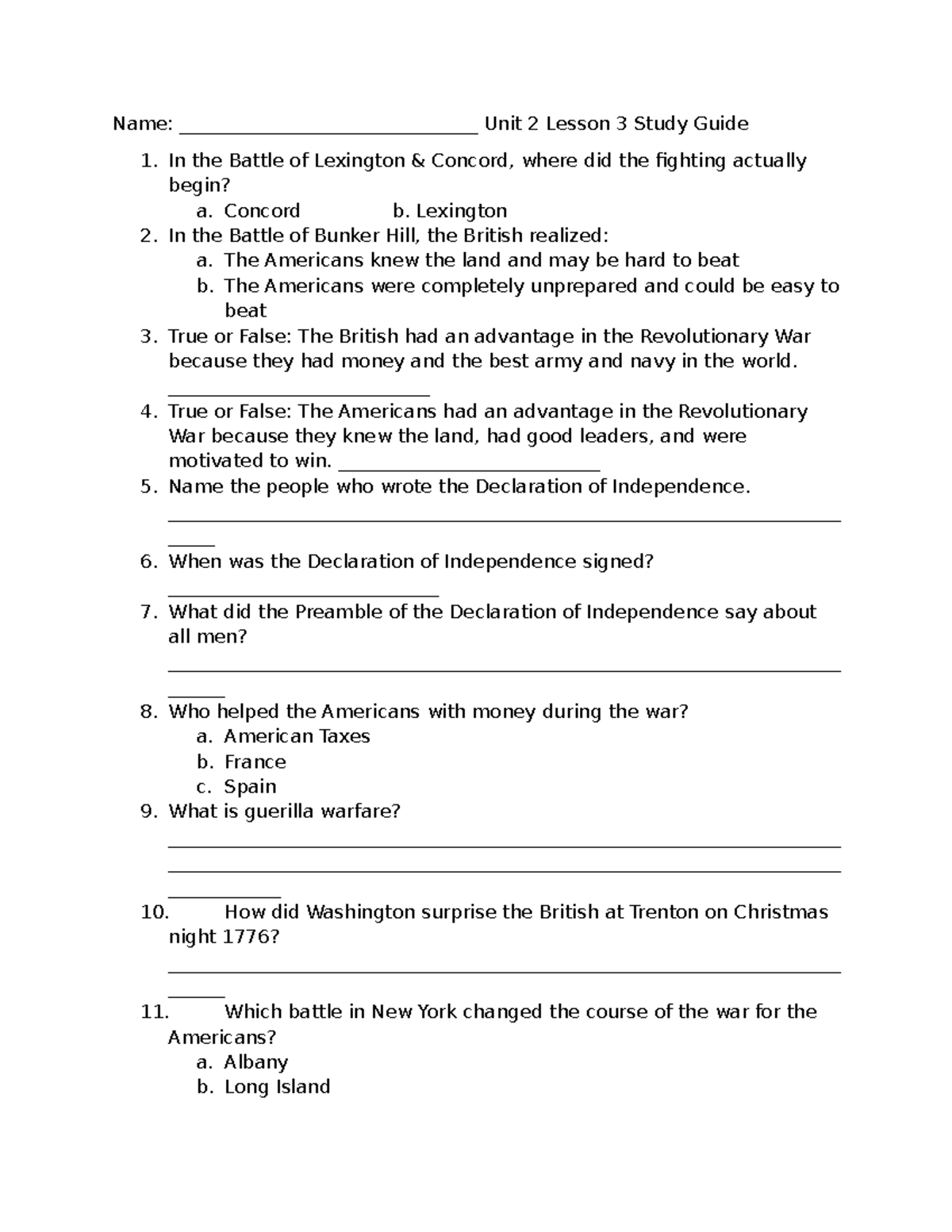 Unit 2 Lesson 3 Study Guide: Key Events of the Revolutionary War - Studocu