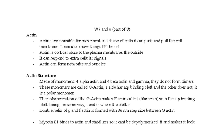 W7 and 8 - Actin Structure and Function Notes - Studocu
