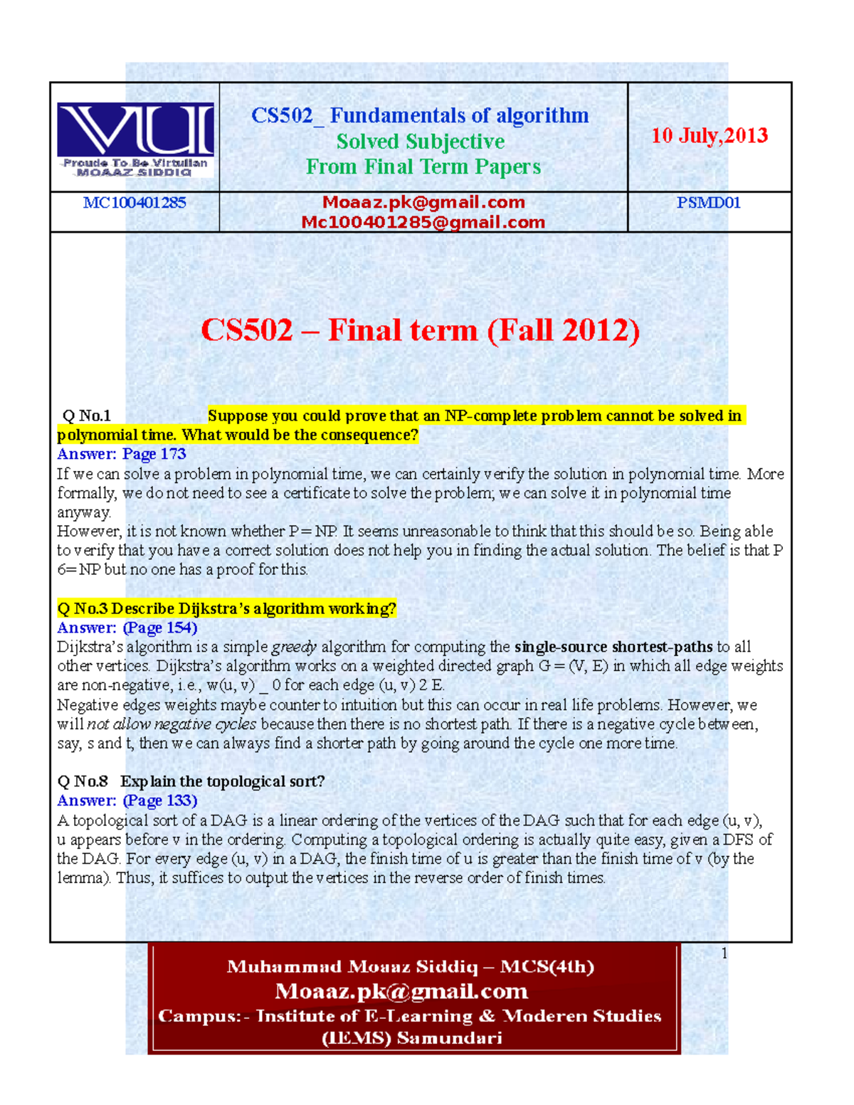 CS502 - Final term solved Subjective with references by Moaaz - CS502_ Fundamentals of algorithm ...