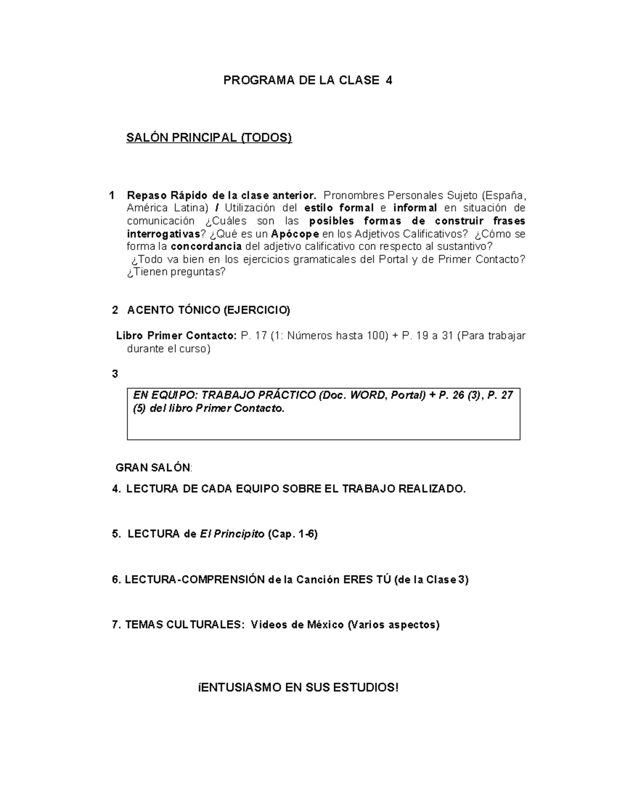 Programa DE LA Clase 4 - Plan de cours - PROGRAMA DE LA CLASE 4 SALÓN ...