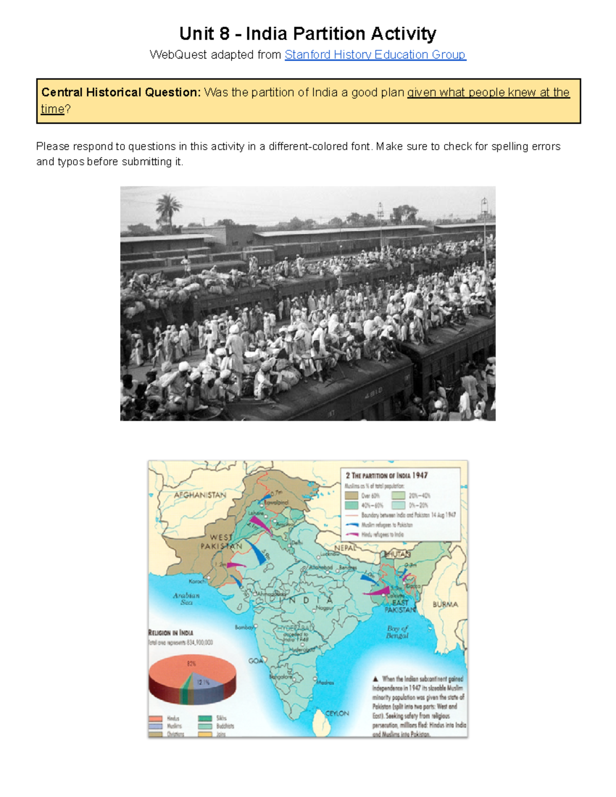 Unit 8 - India Partition Activity: Examining Historical Perspectives ...