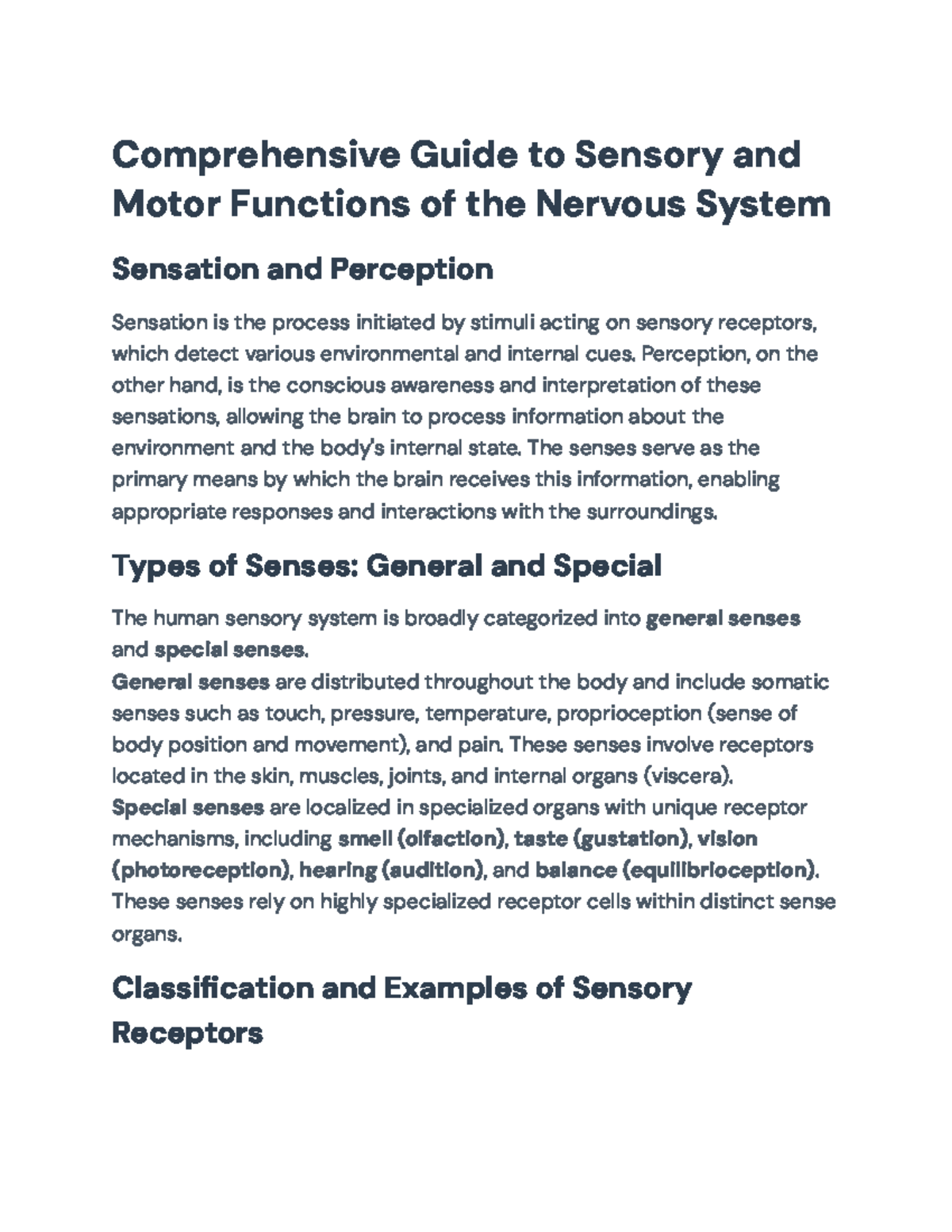 Comprehensive Overview of Sensory & Motor Functions in the Nervous ...