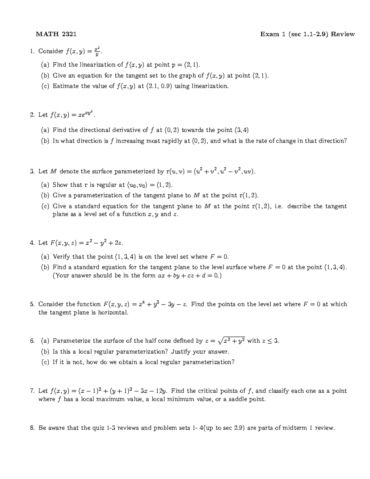 MATH 2321 Practice Midterm 1 Review and Problem Set - Studocu