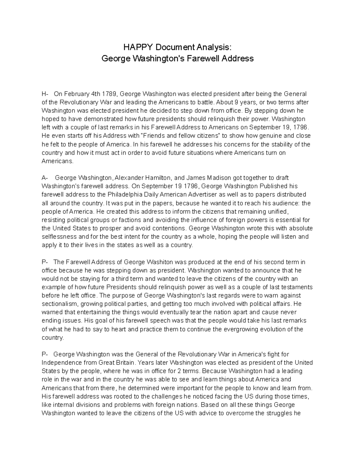 Happy Farewell Speach - HAPPY Document Analysis: George Washington's ...