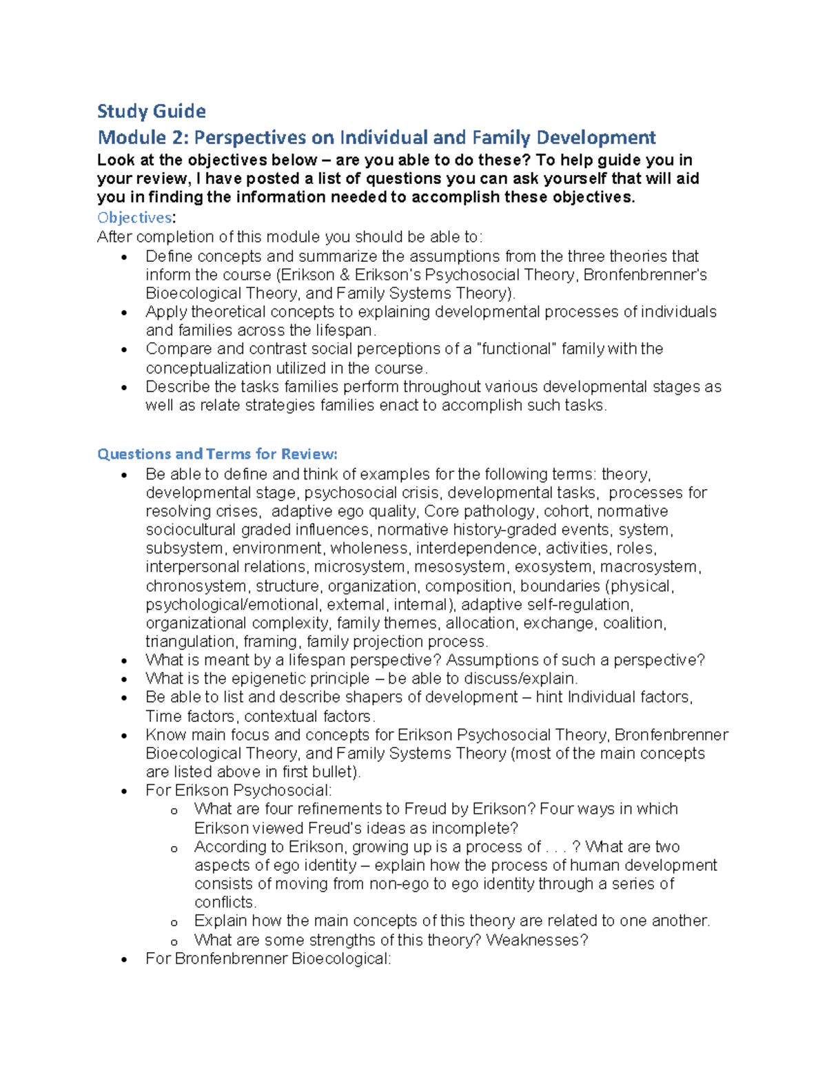 Study Guide: Module 2 - Perspectives on Individual & Family Development ...