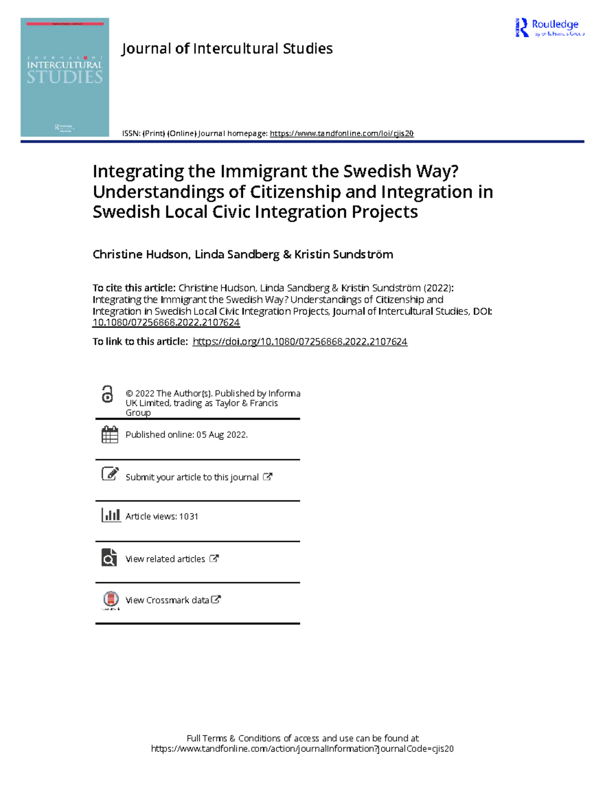Hudson et al. 2022: Civic Integration and Citizenship in Sweden - Studocu