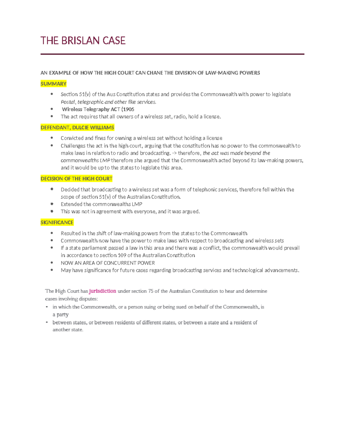 Brislan Case Analysis: Impact on Law-Making Powers in Aus Law - Studocu