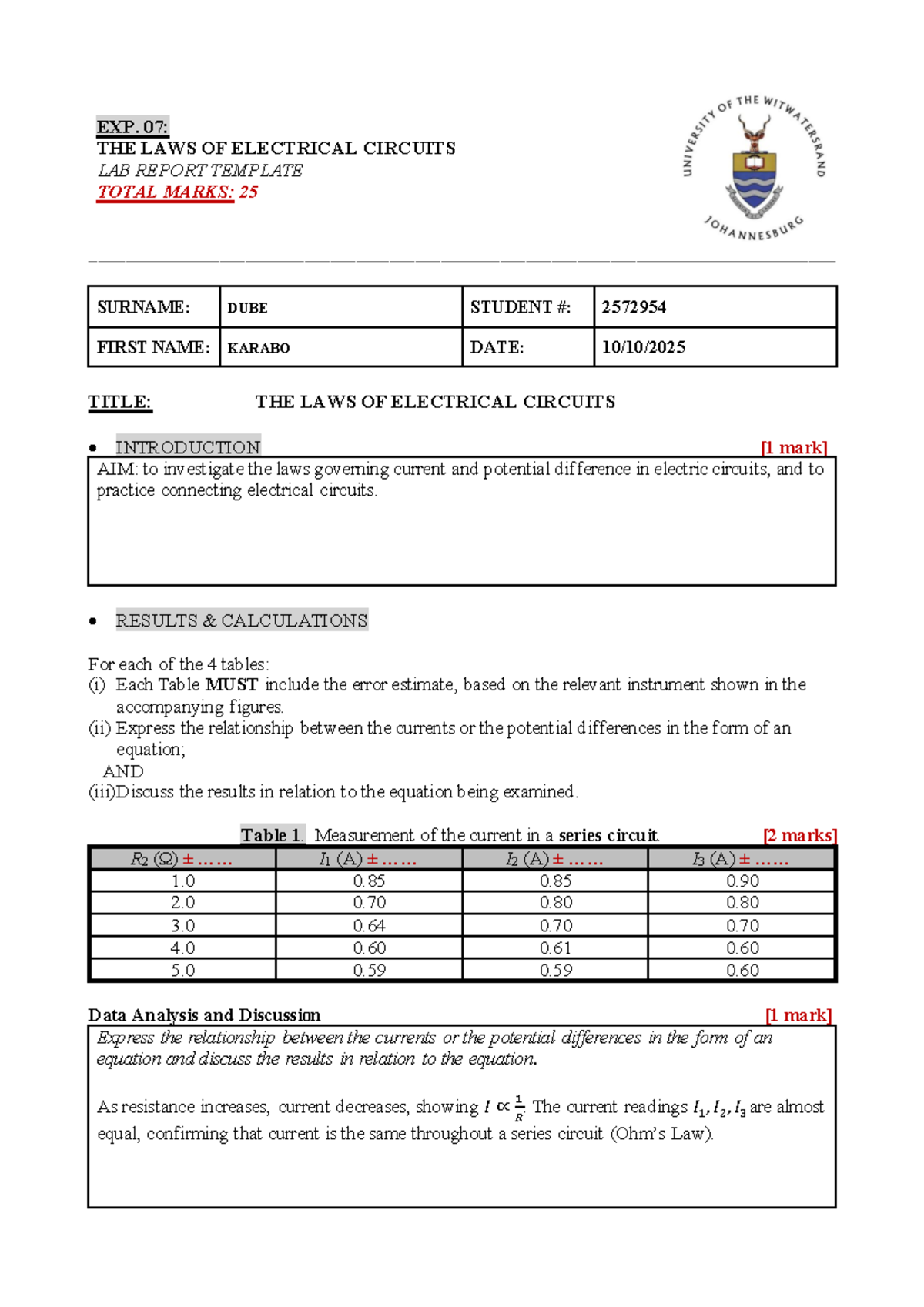Exp. 07: Electrical Circuits Lab Report Template (Total Marks: 25 ...