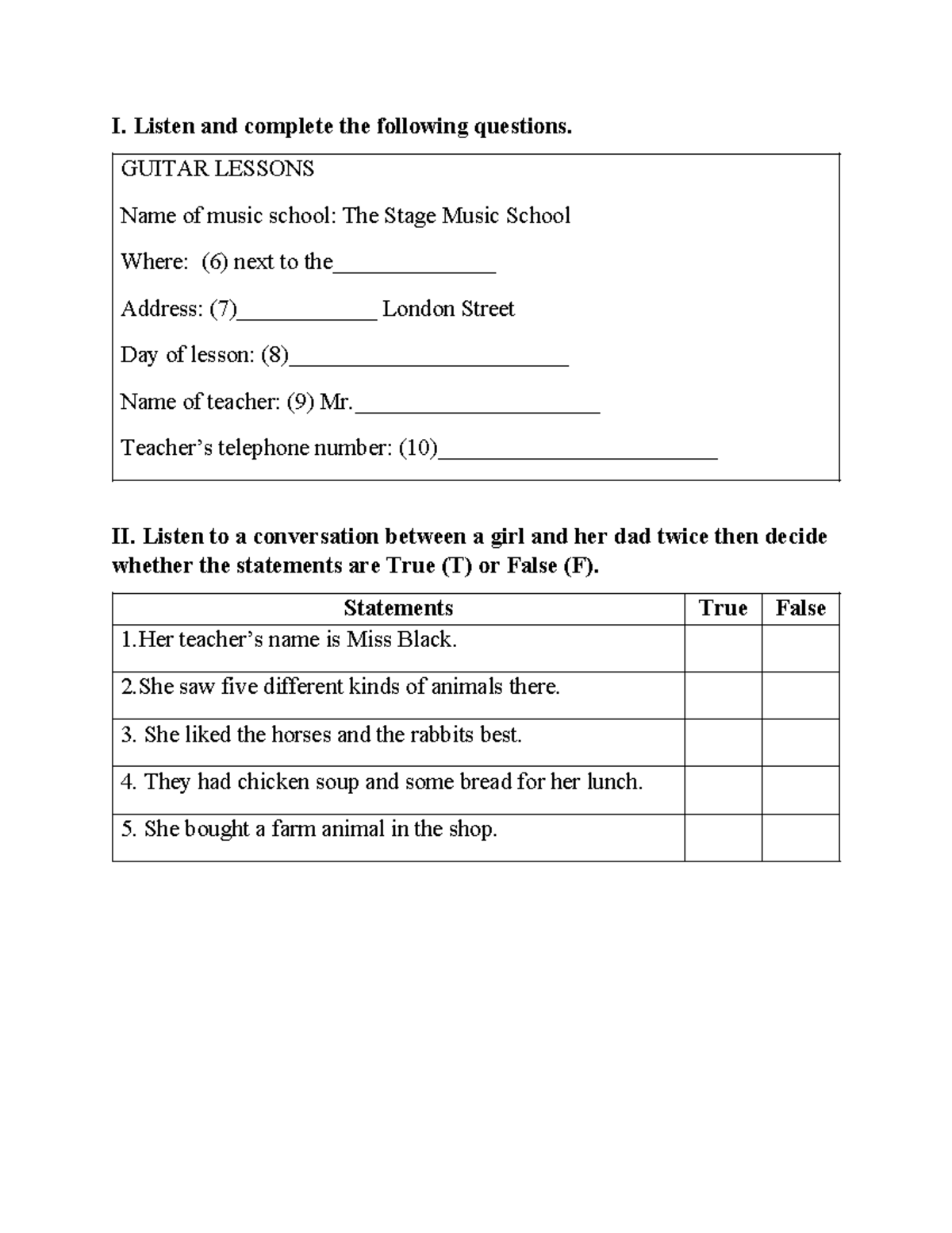 Listening Test 1: Music School and Conversation Exercises - Studocu