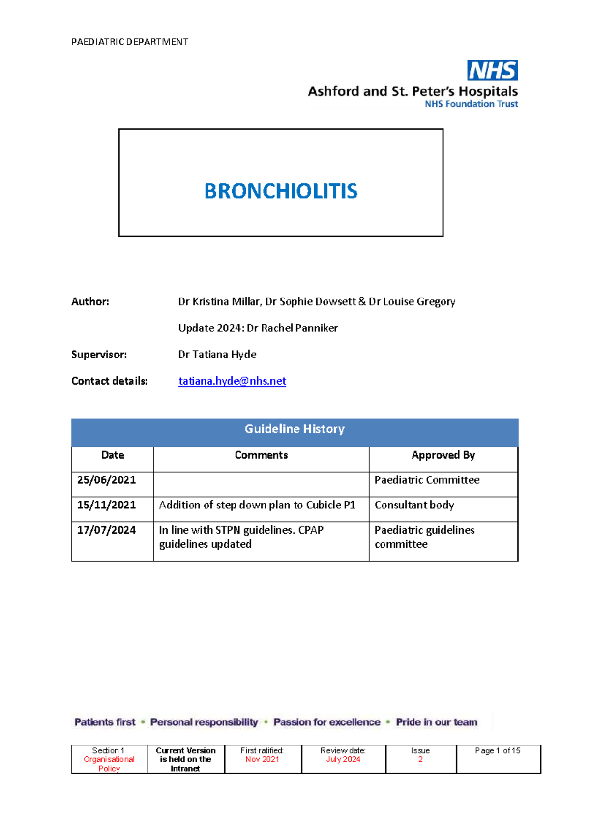 Paediatric department bronchiolitis guideline update 2024 - Studocu