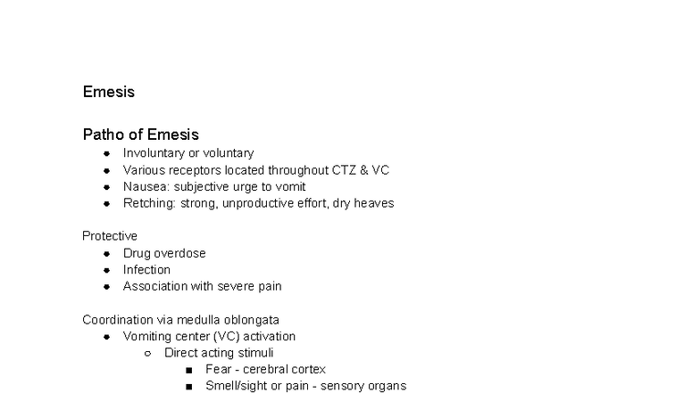 Pathophysiology of Emesis: Mechanisms and Clinical Implications - Studocu