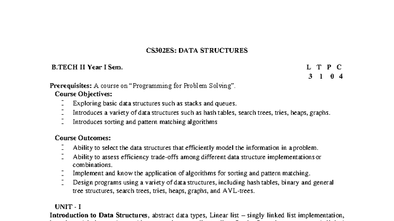 CS302ES: Comprehensive Notes on Data Structures for B.Tech II Year ...