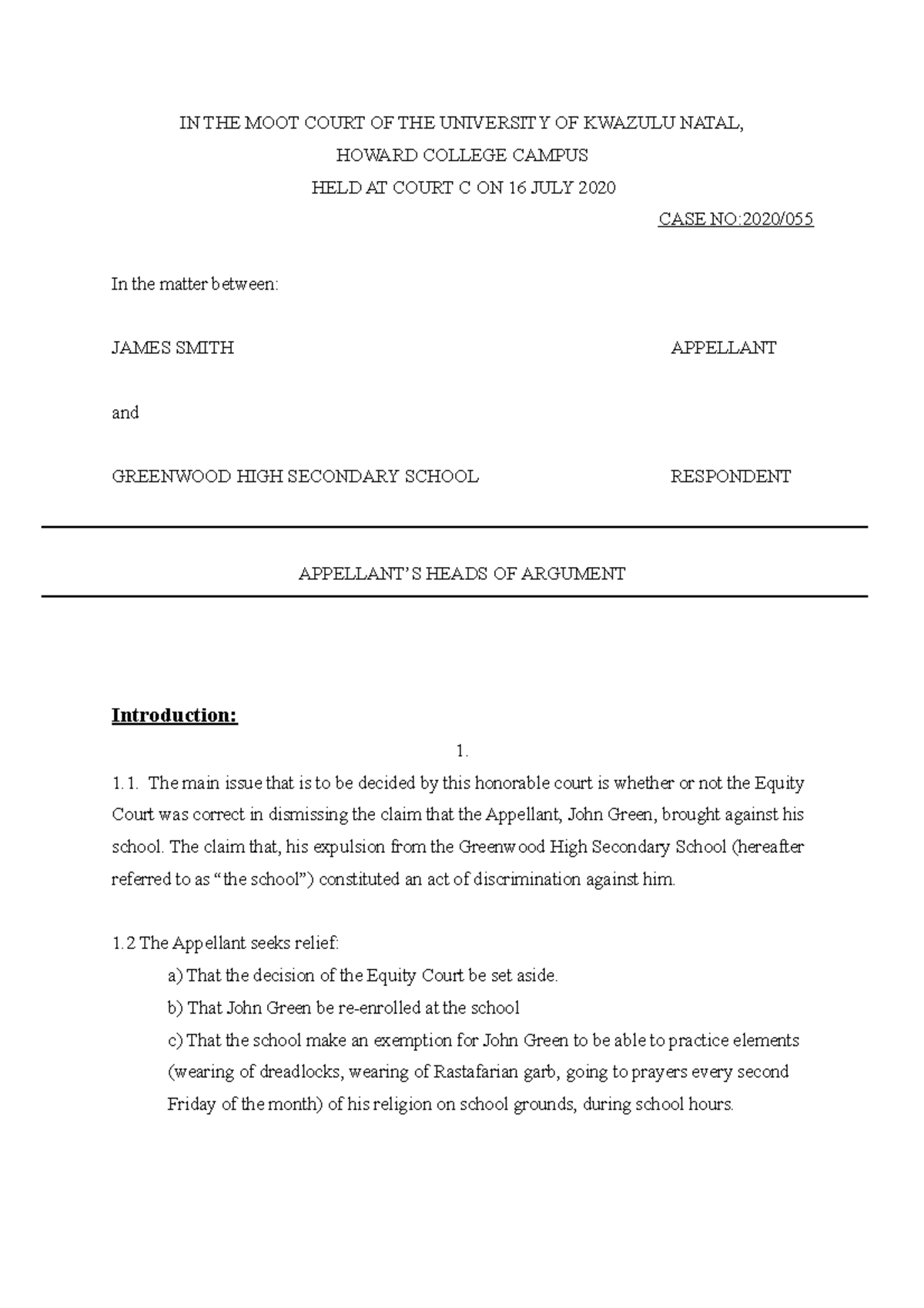 216010185 Moot Court Appeal: Heads of Argument for Discrimination Case ...