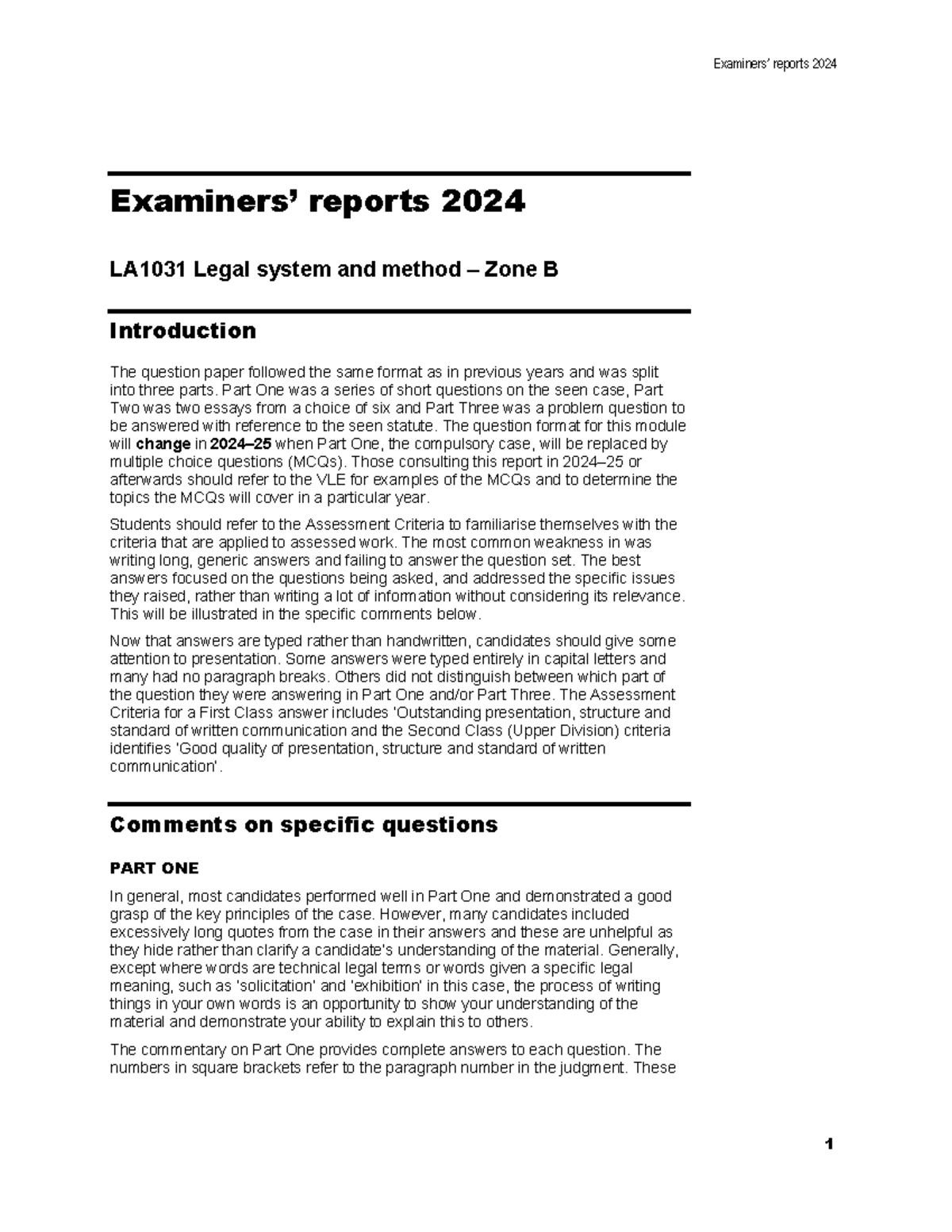 LA1031 Examiners' Report 2024 - Zone B Overview and Key Insights - Studocu