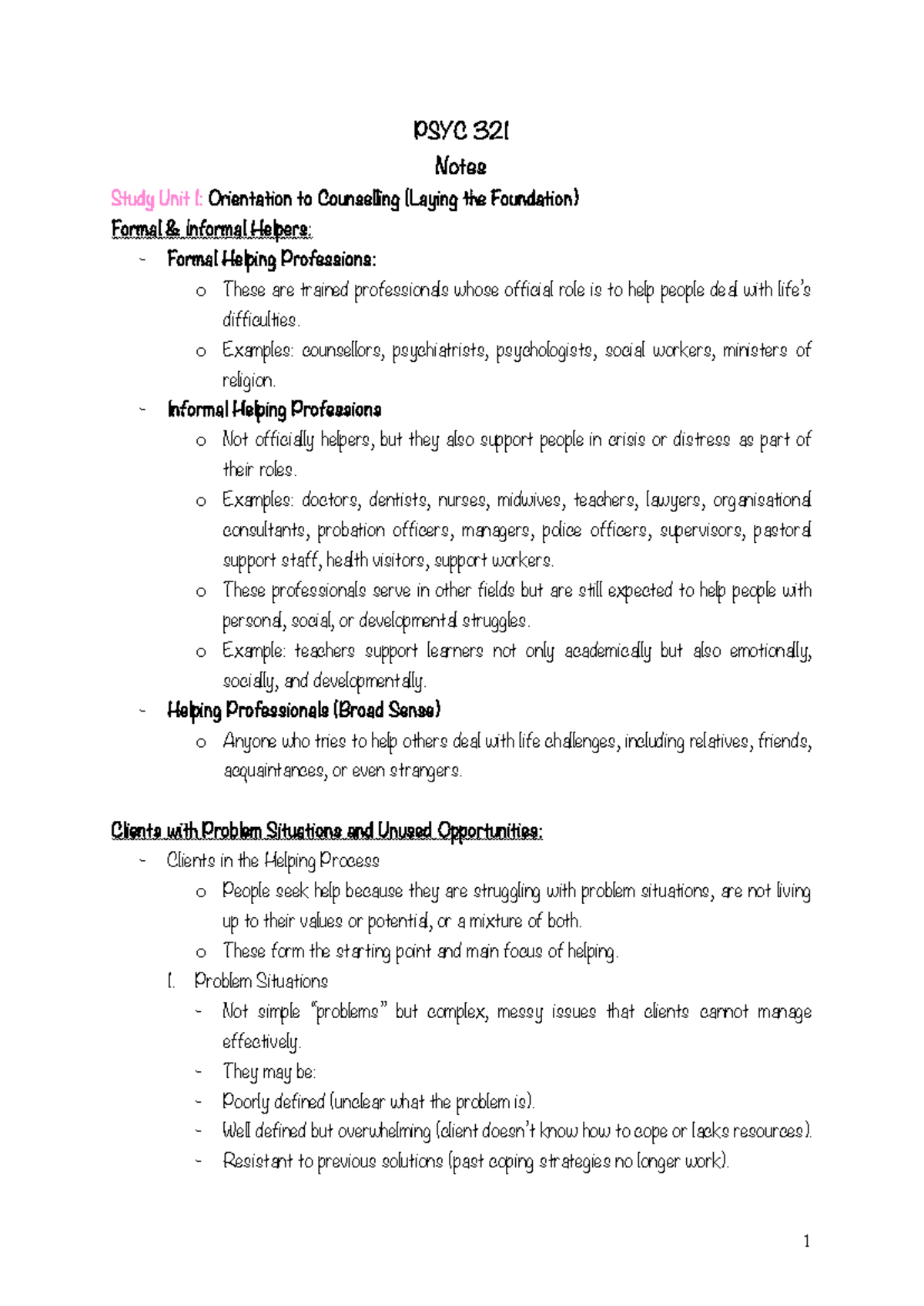 PSYC 321 Study Unit 1: Foundations of Counseling and Helping ...