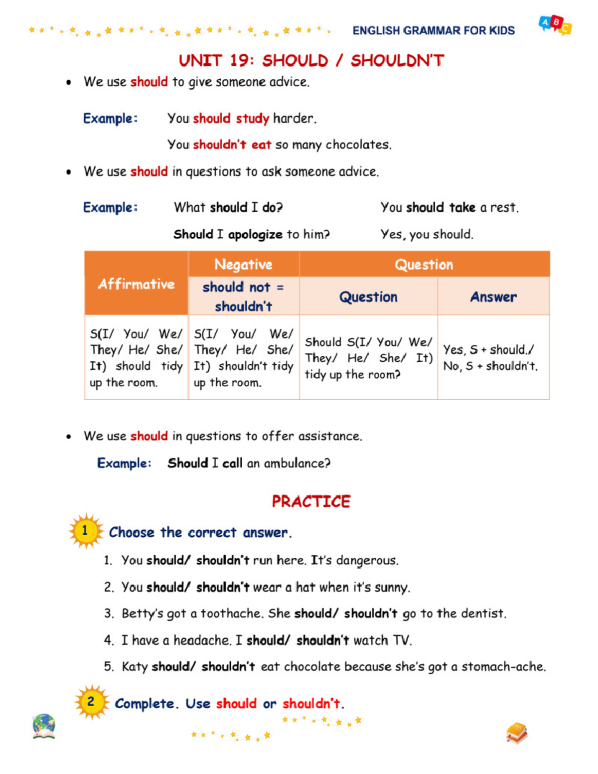 A B ENGLISH GRAMMAR FOR KIDS C UNIT 19: Using "Should" for Advice - Studocu