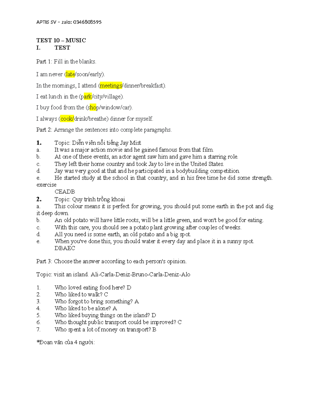 APTIS SV zalo: 0346808595 TEST 10 READING & MUSIC - Studocu