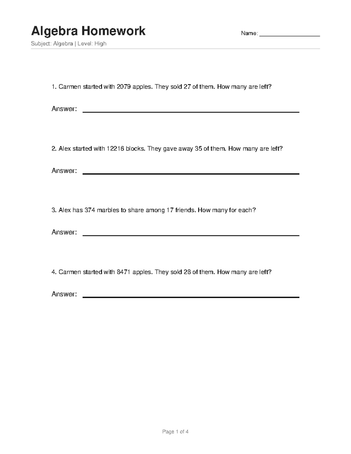 Algebra Homework - High Level Exercises and Answers - Studocu