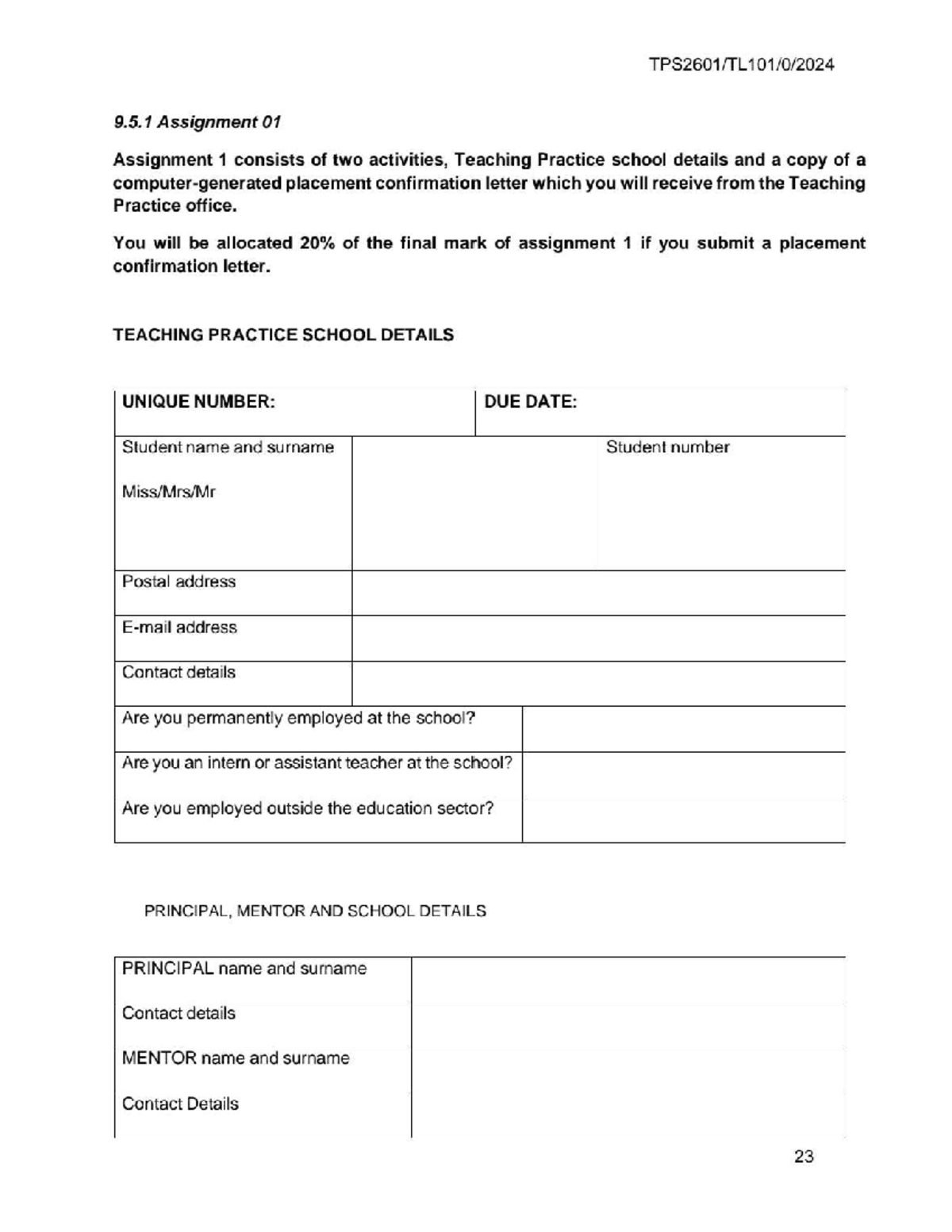 TPS2601 Placement Letter & Learning Contract for Student Teachers - Studocu