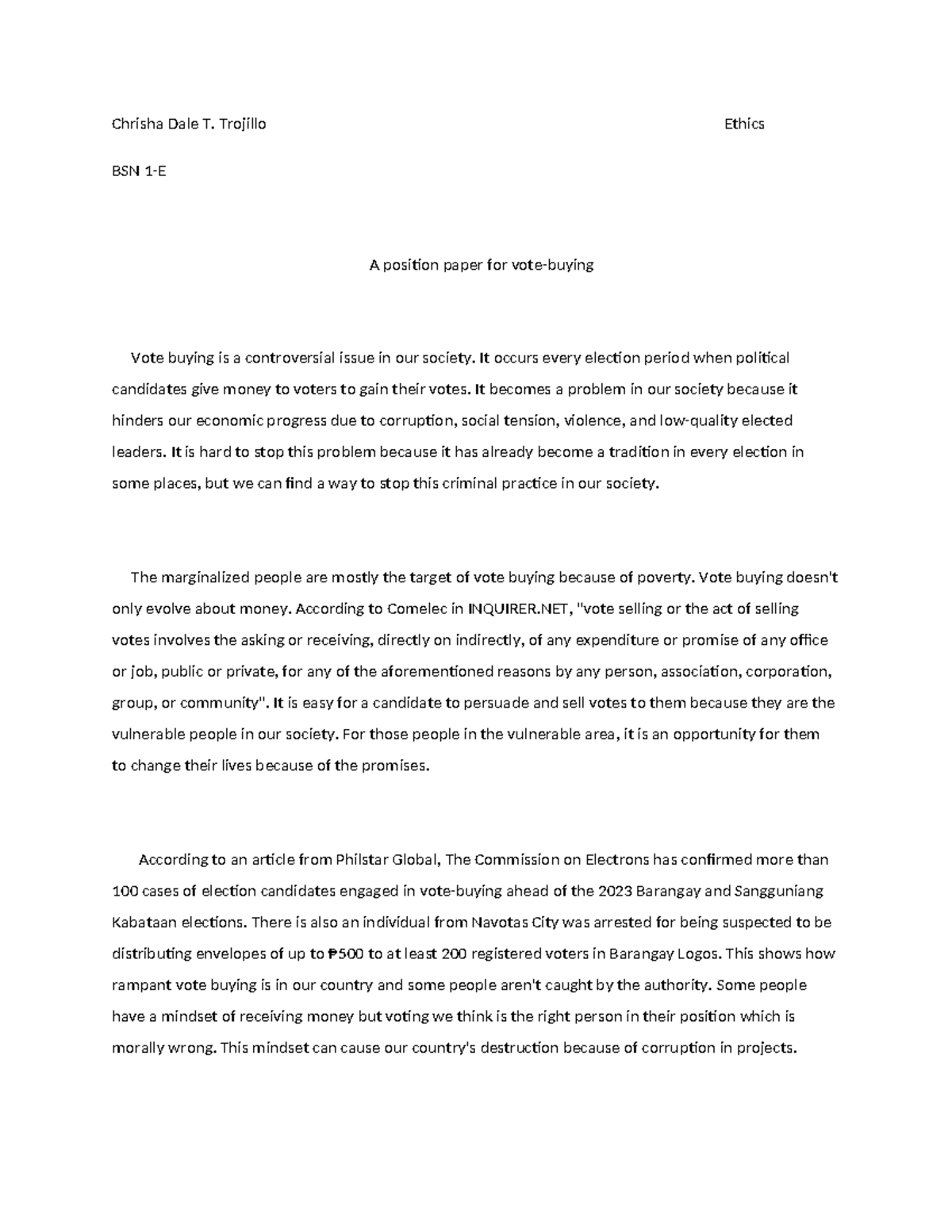 Position-paper-in-Ethics-Final - Chrisha Dale T. Trojillo Ethics BSN 1 ...