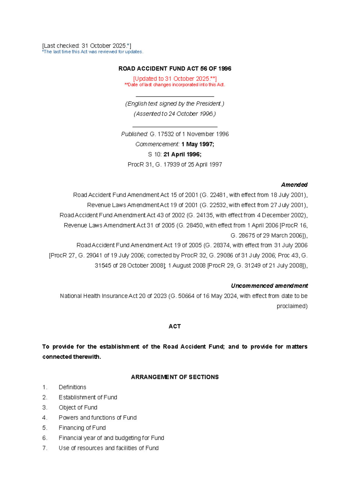 RAF Act 56 of 1996: Latest Updates and Amendments - Studocu