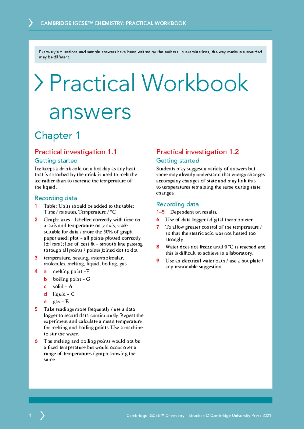 CAMBRIDGE IGCSE CHEMISTRY: WORKBOOK Answers for Chapters 1-7 - Studocu