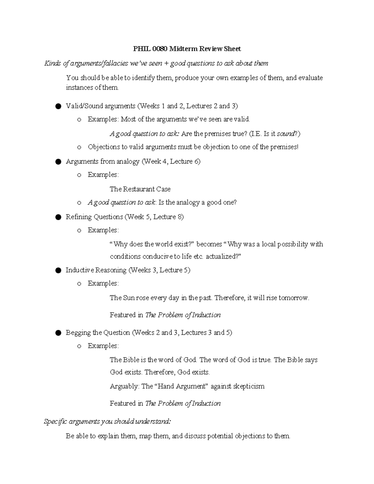 PHIL 0080 Midterm Review Sheet: Key Arguments & Fallacies - Studocu