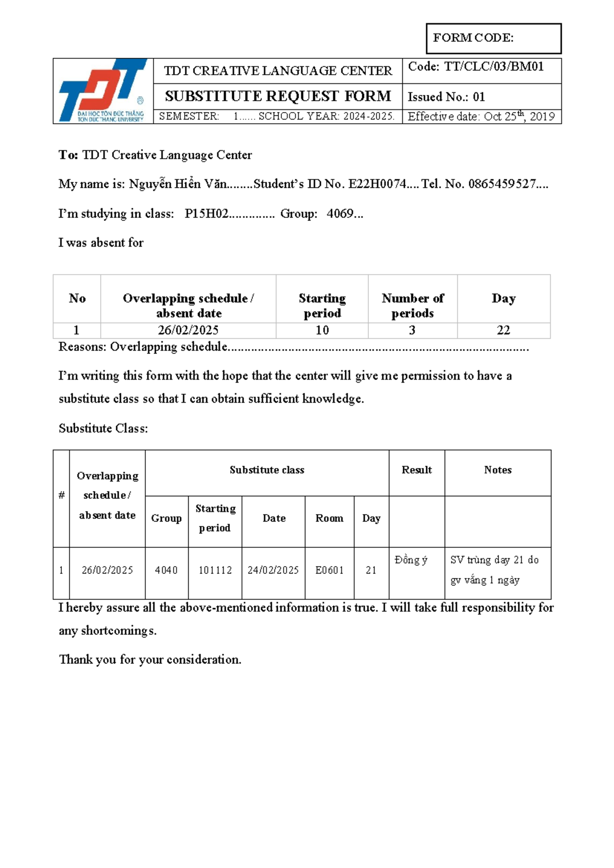TDT Substitute Request Form - P15H02 - Writing English 2 - Studocu