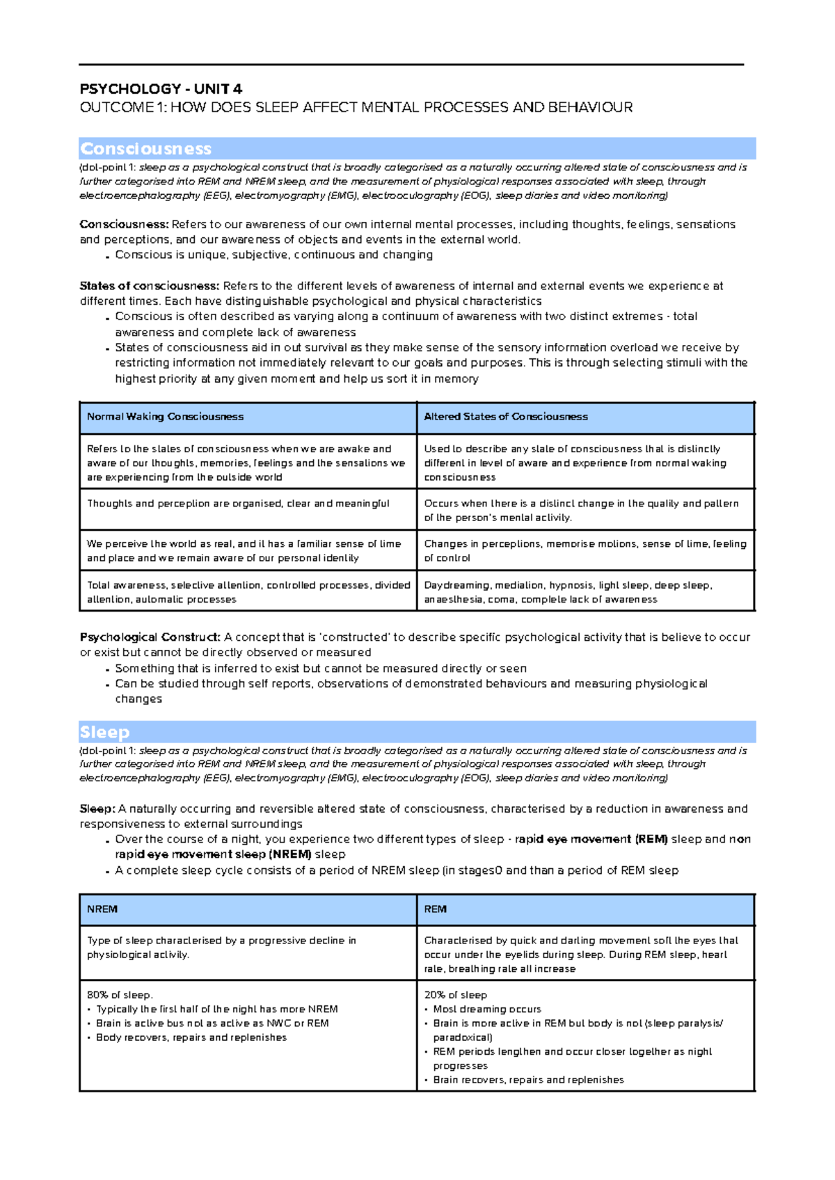 UNIT 4 AOS 1 Psych - UNIT 4 AOS 1 SLEEP NOTES - PSYCHOLOGY - UNIT 4 ...